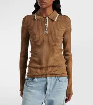 Moncler Ribbed-knit Virgin Wool Polo Sweater - Brown
