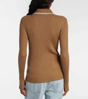 Moncler Ribbed-knit Virgin Wool Polo Sweater - Brown