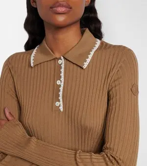 Moncler Ribbed-knit Virgin Wool Polo Sweater - Brown