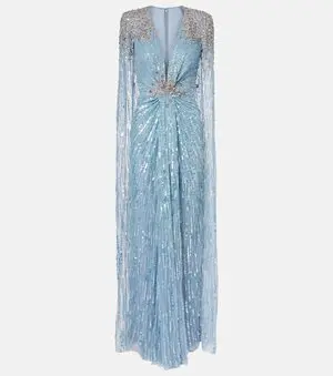 Jenny Packham Symphony Embellished Caped Gown Blue