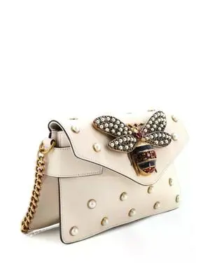 Gucci Broadway Pearly Bee Embellished Leather Mini Shoulder Bag - Neutrals