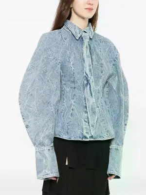 A.W.A.K.E. Mode Denim Puff-sleeve Shirt With Tie Detail