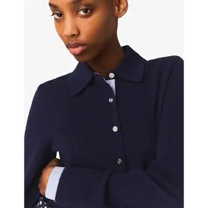 Maje Wool And Cashmere Polo Cardigan With Removable Trims - Navy