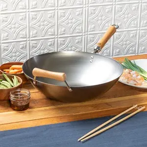 JOYCE CHEN Uncoated Carbon Steel Flat Bottom Wok With Birch Handles