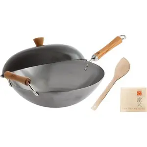 JOYCE CHEN Uncoated Carbon Steel Flat Bottom Wok Set With Lid And Birch Handles - Metallic Silver