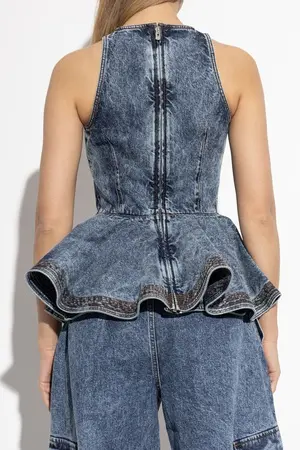 Alaïa Denim Peplum Top - Blue