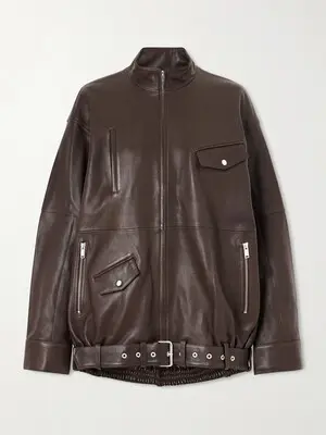 Tibi Belted Leather Bomber Jacket