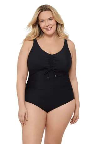 AQUA GREEN Cinch V-neck One-piece Swimsuit - Black