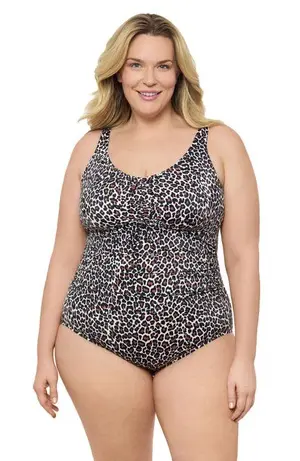 AQUA GREEN Cinch V-neck One-piece Swimsuit - Desert Leopard