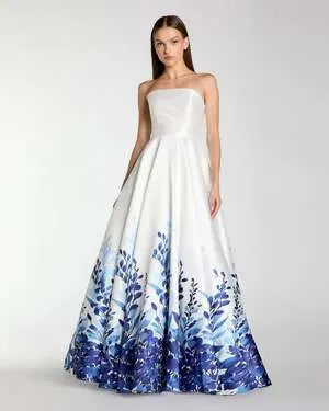 Mac Duggal Strapless Floral Printed Mikado Ball Gown - White Multi