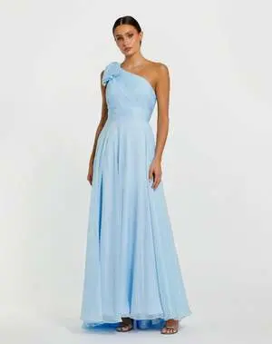 Mac Duggal One-shoulder Pleated Evening Gown With Bow - Blue
