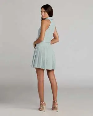 Mac Duggal Pleated A-line Mini Dress With Pearl Button Detail - Blue
