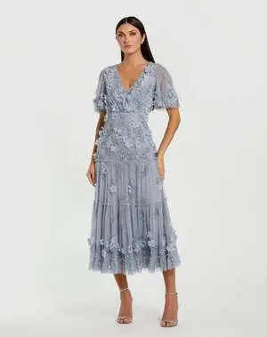Mac Duggal Floral Embellished Flutter Sleeve Dress - Blue