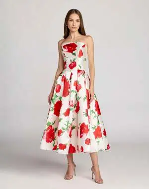 Mac Duggal Strapless Floral Mikado Midi Dress - Rose Multi