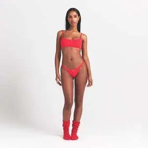 SKIMS Logo Picot Scoop Bralette | White | | Lightweight Cotton - Ruby Tonal