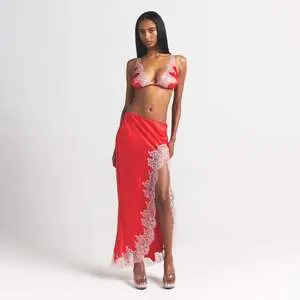 SKIMS Silk Lace Slip Midi Skirt Ruby Contrast