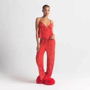 SKIMS Sheer Velvet Cami And Pant Set - Ruby