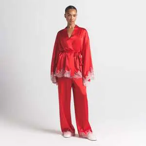 SKIMS Lace Robe | Deep Neutral | Large | Silk - Ruby Contrast