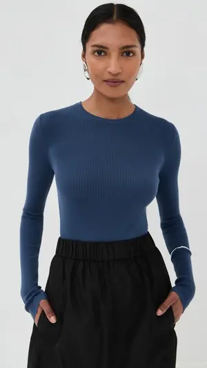 Tibi Feather Weight Ribbed Crewneck Pullover