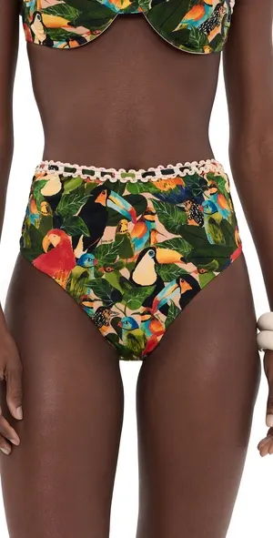 Farm Rio Bird Leaves High Waisted Bikini Bottoms - Bird Leaves Sand