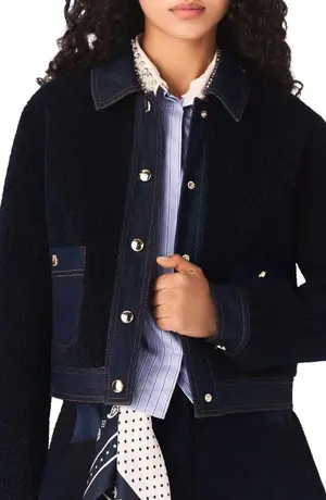 Maje Bouclé Jacket With Denim Details - Navy