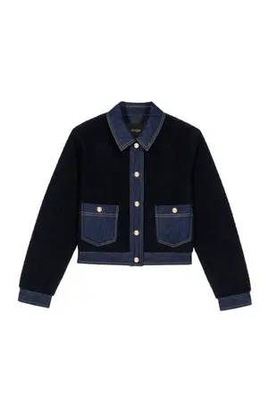 Maje Bouclé Jacket With Denim Details - Navy