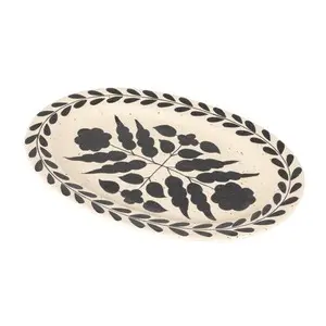 STORIED HOME Hand Painted Stoneware Platter With Floral Design - Cream