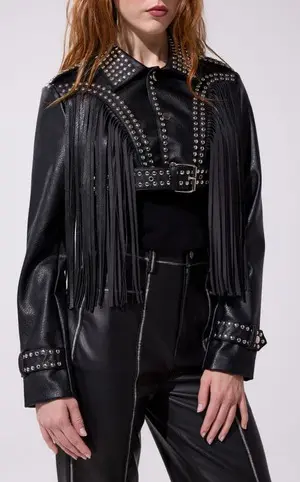 AZALEA WANG Faux Leather Fringe Jacket