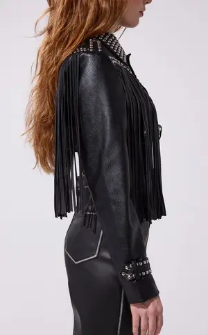 AZALEA WANG Faux Leather Fringe Jacket