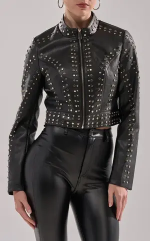 AZALEA WANG Studded Vegan Leather Cropped Jacket - Black