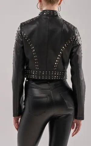 AZALEA WANG Studded Vegan Leather Cropped Jacket - Black