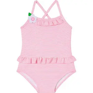 FLORENCE EISEMAN Striped Seersucker Swimsuit With Floral Appliqu - Pink/white