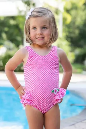 FLORENCE EISEMAN Gingham One Piece Swimsuit With Flowers And Ruffles