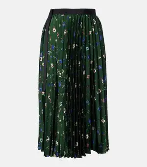 Sacai Floral Plissé Satin Midi Skirt - Green