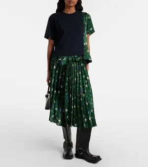 Sacai Floral Plissé Satin Midi Skirt - Green