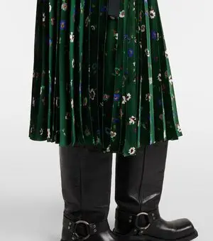 Sacai Floral Plissé Satin Midi Skirt - Green