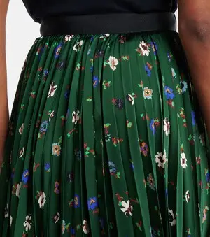Sacai Floral Plissé Satin Midi Skirt - Green