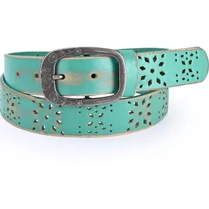 OLD TREND Blooming Perforated Leather Belt - Aqua