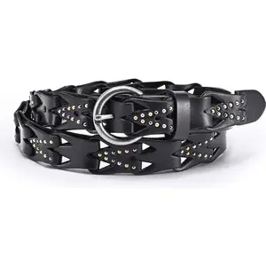 OLD TREND Oranda Genuine Leather Woven Studded Belt - Black