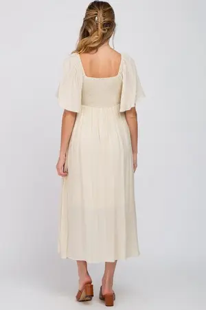 PINKBLUSH Front Tie Ruffle Sleeve Maternity Midi Dress - Beige