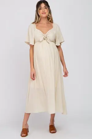 PINKBLUSH Front Tie Ruffle Sleeve Maternity Midi Dress - Beige