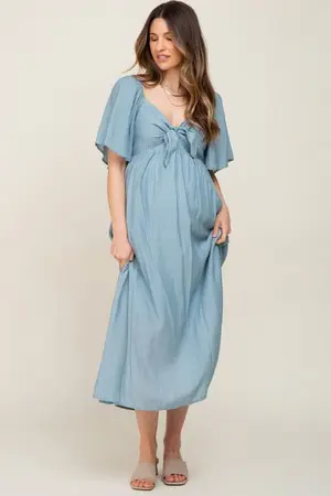 PINKBLUSH Front Tie Ruffle Sleeve Maternity Midi Dress - Blue