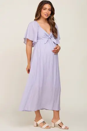 PINKBLUSH Front Tie Ruffle Sleeve Maternity Midi Dress - Lavender