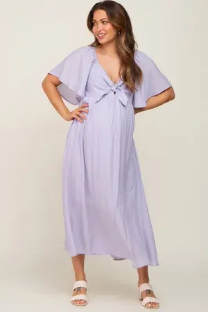 PINKBLUSH Front Tie Ruffle Sleeve Maternity Midi Dress - Lavender