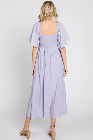 PINKBLUSH Front Tie Ruffle Sleeve Maternity Midi Dress - Lavender