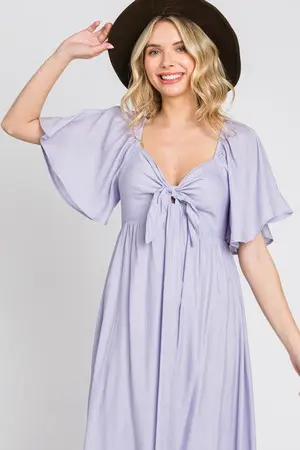PINKBLUSH Front Tie Ruffle Sleeve Maternity Midi Dress - Lavender