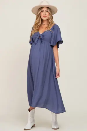 PINKBLUSH Front Tie Ruffle Sleeve Maternity Midi Dress - Navy Blue