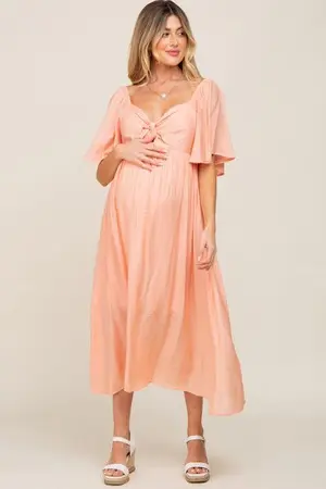 PINKBLUSH Front Tie Ruffle Sleeve Maternity Midi Dress - Peach