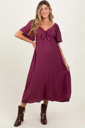 PINKBLUSH Front Tie Ruffle Sleeve Maternity Midi Dress - Plum