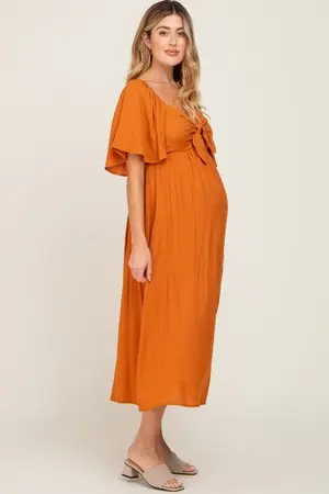 PINKBLUSH Front Tie Ruffle Sleeve Maternity Midi Dress - Rust